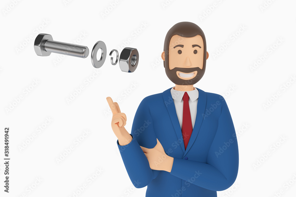 Cartoon character, businessman in suit with pointing finger at bolt ...
