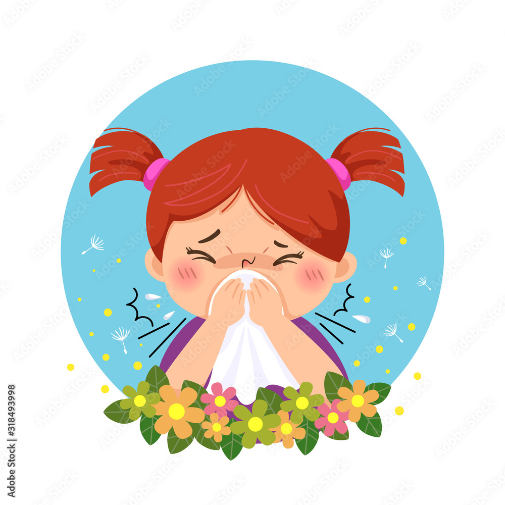 Vector illustration of cartoon little girl having allergy from pollen ...