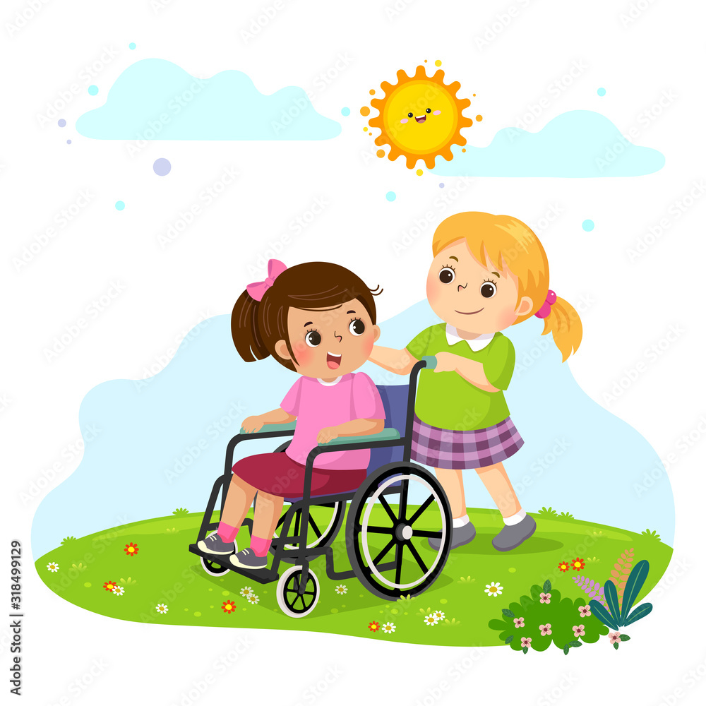 Vector illustration of a little girl pushing her friend in a wheelchair ...