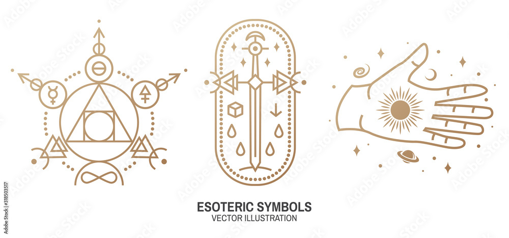 Esoteric symbols. Vector. Thin line geometric badge. Outline icon for ...