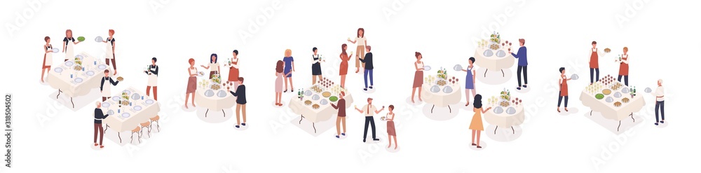 Cartoon visitors at social event isometric vector illustration ...