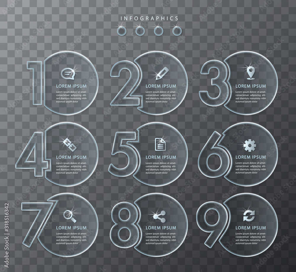 Vector infographic design UI template transparent glass number labels ...
