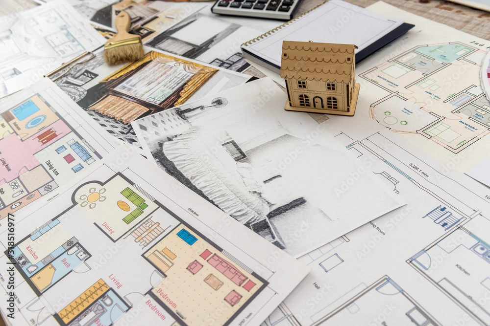 architect work - drawing sketch plans blueprints with color palette for ...