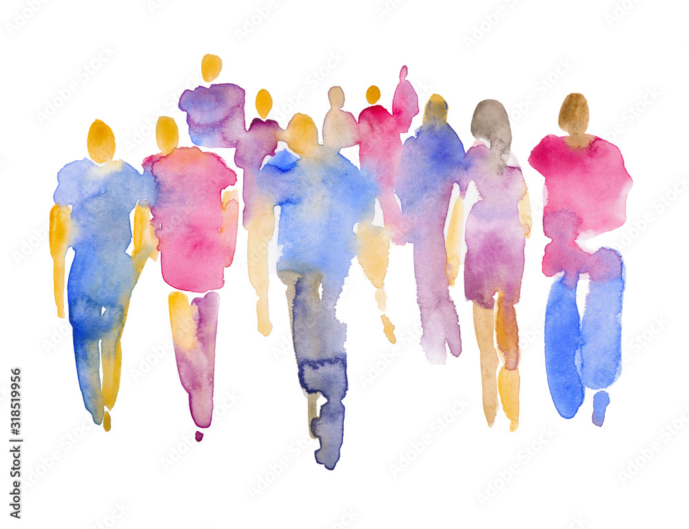 Color spot with watercolors in the form of a group of people. Hand ...