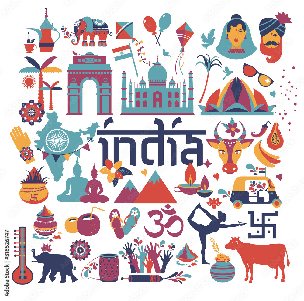 India set Asia country vector Indian architecture Asian traditions ...