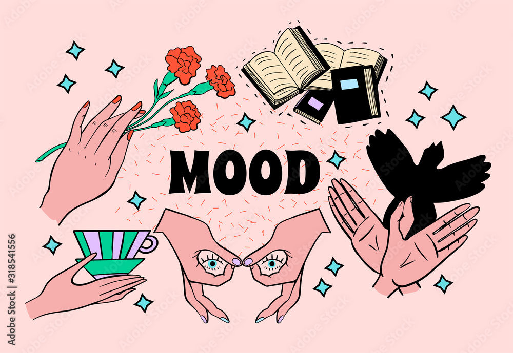 vector mood symbols: books, tea, flowers, birds, hands, play of shadows ...