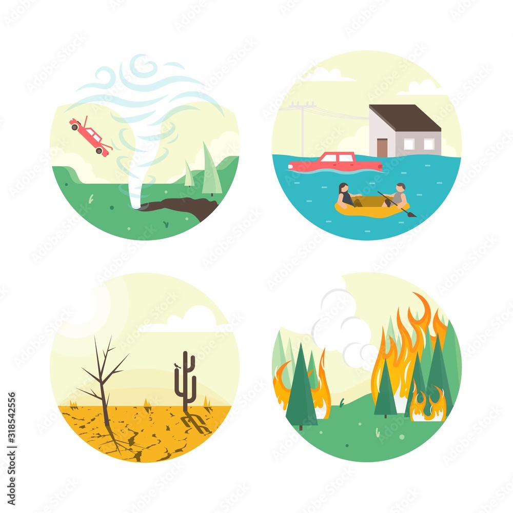 Climate emergency icon set, illustrating such ecological problems as ...