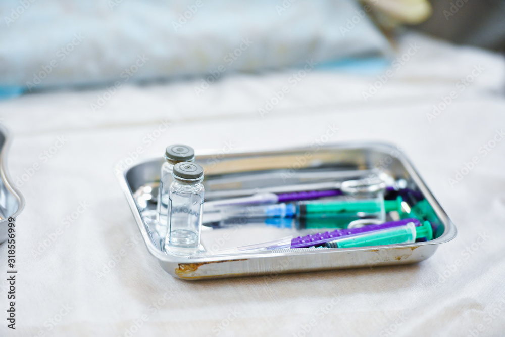 Medical instruments on the surgical table. Teaching medicine. Rescue ...