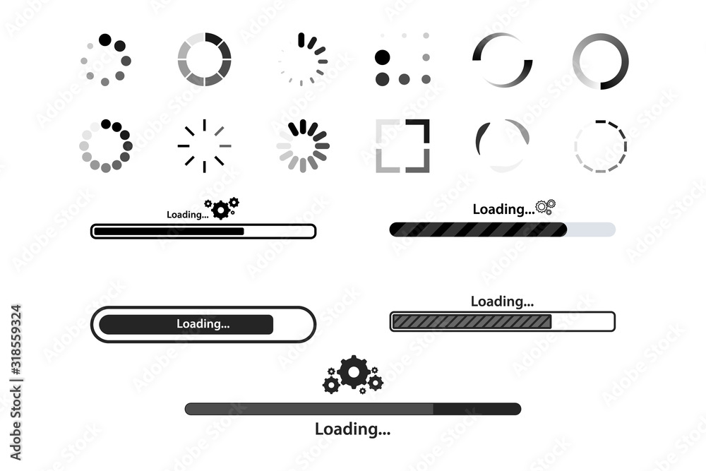 Big set Load icon. Progress bar for upload download round process for Website. Set of Loading ...