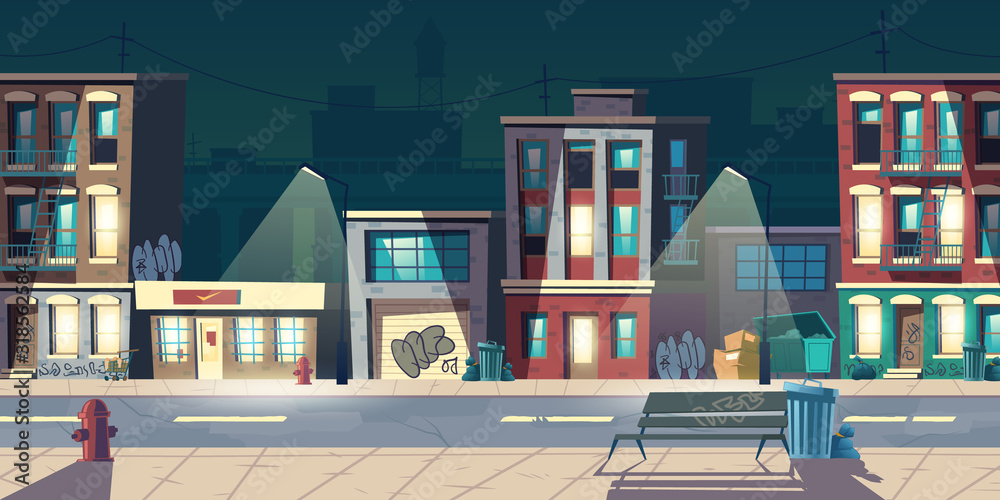 Ghetto street at night, slum houses, old buildings with glow windows ...
