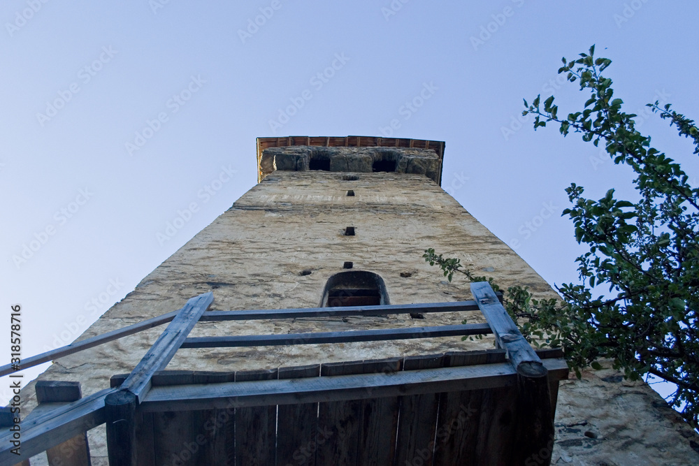 View of the Svan tower from the bottom up. One can see the windows of ...