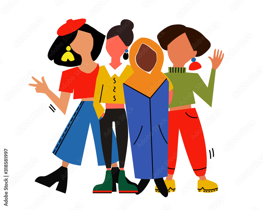 Group of happy multicultural women standing together. Cartoon people ...