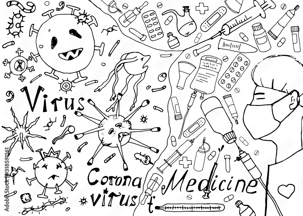 Hand drawn drawing with doctor and medications. Confrontation monsters ...