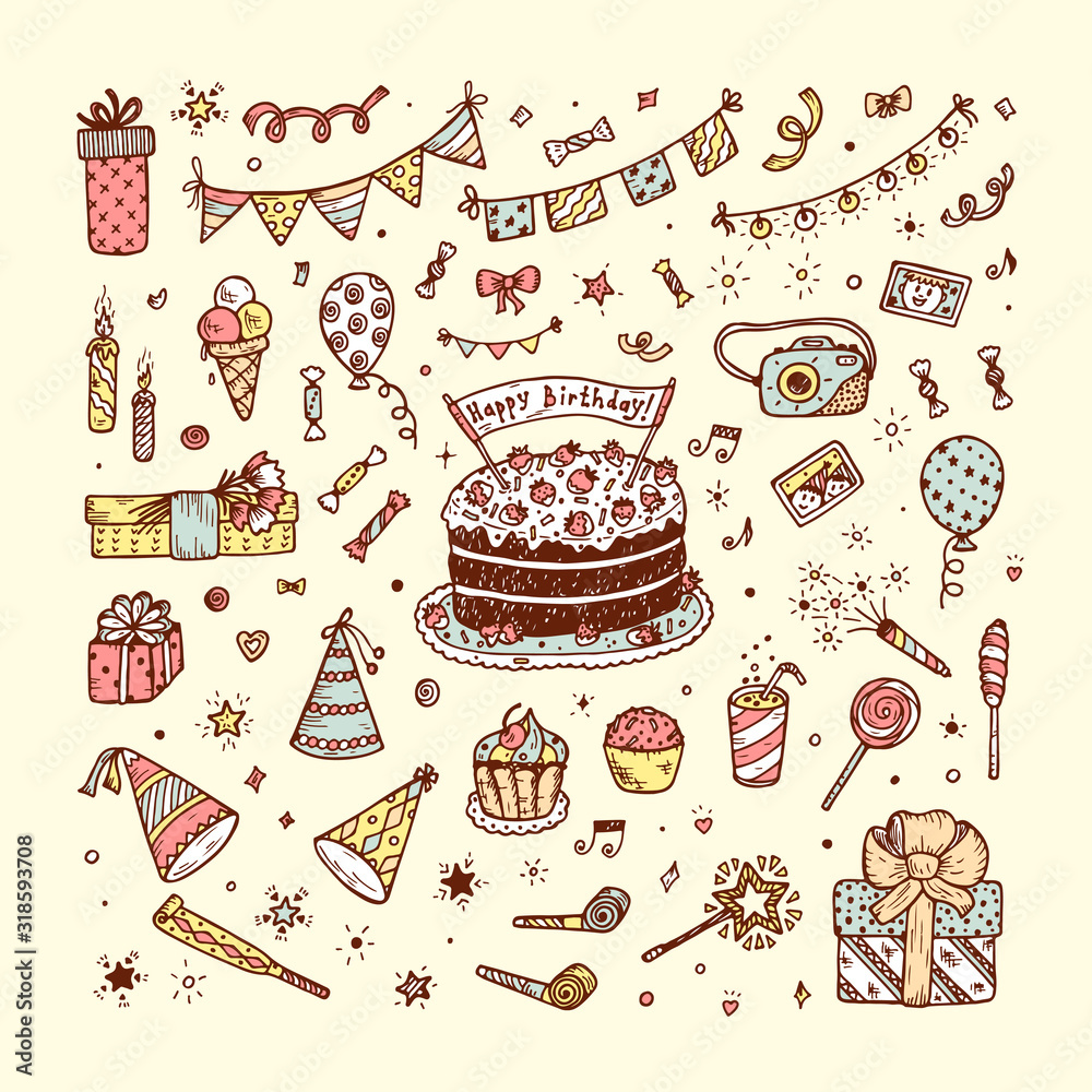 Vetor de Birthday party elements vector set. Happy birthday card ...