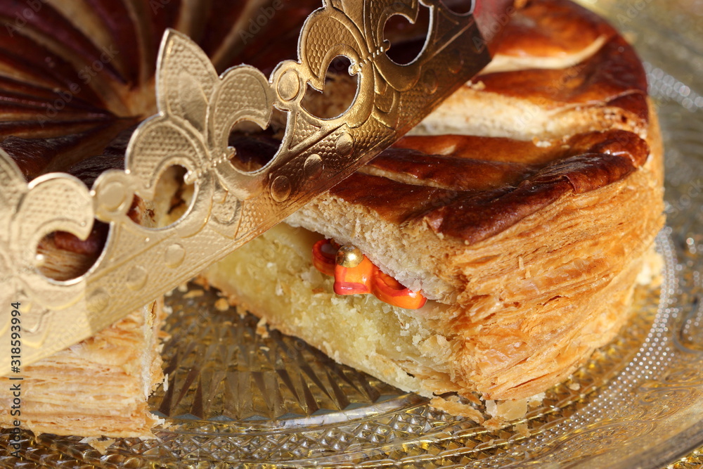 Galette des rois close up. Traditional epiphany's kings galette with ...