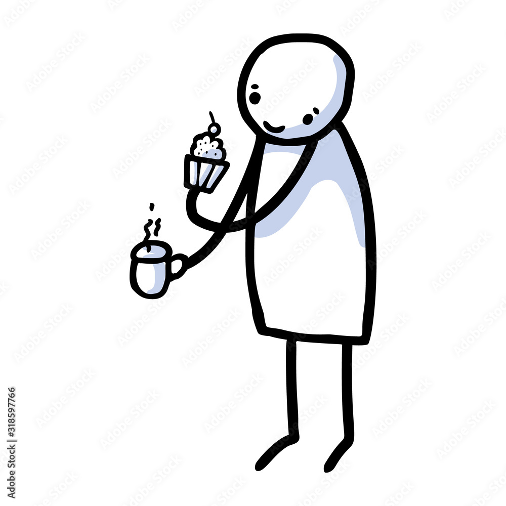 Hand drawn stick figure with afternoon tea muffin and coffee. Concept ...