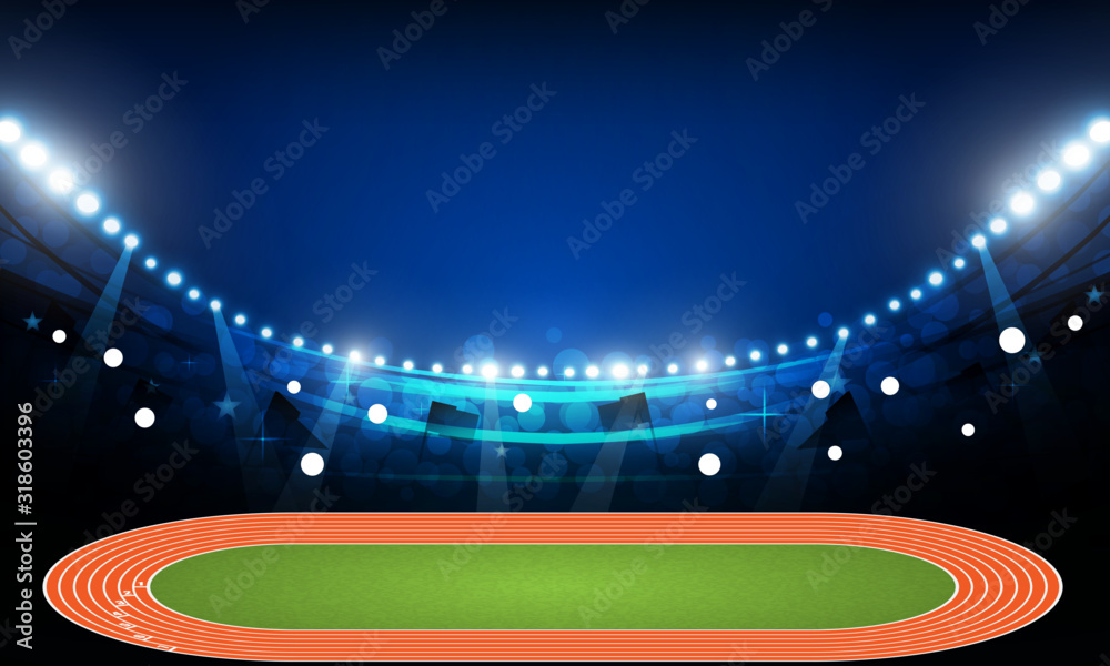 Running track arena field with bright stadium lights at night vector ...