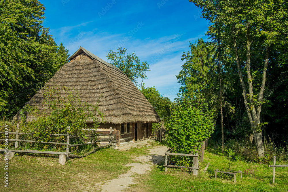 village wooden cabin spring time sunny weather outdoor garden nature ...