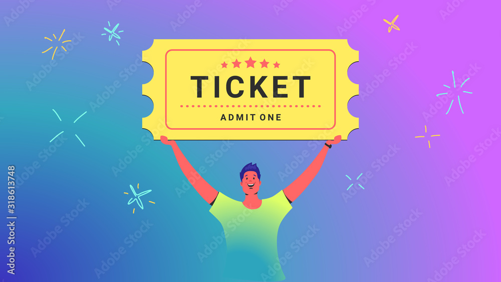 One ticket admission concept vector illustration of young man holds ...
