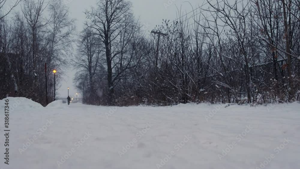 Pedestrian Path during Snow Storm. End of the Day with Street Lamp On ...