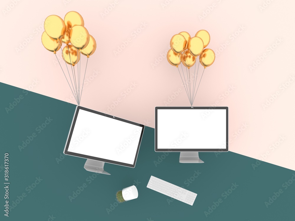 The Gold color balloons tied to a Computer white screen floating, And ...