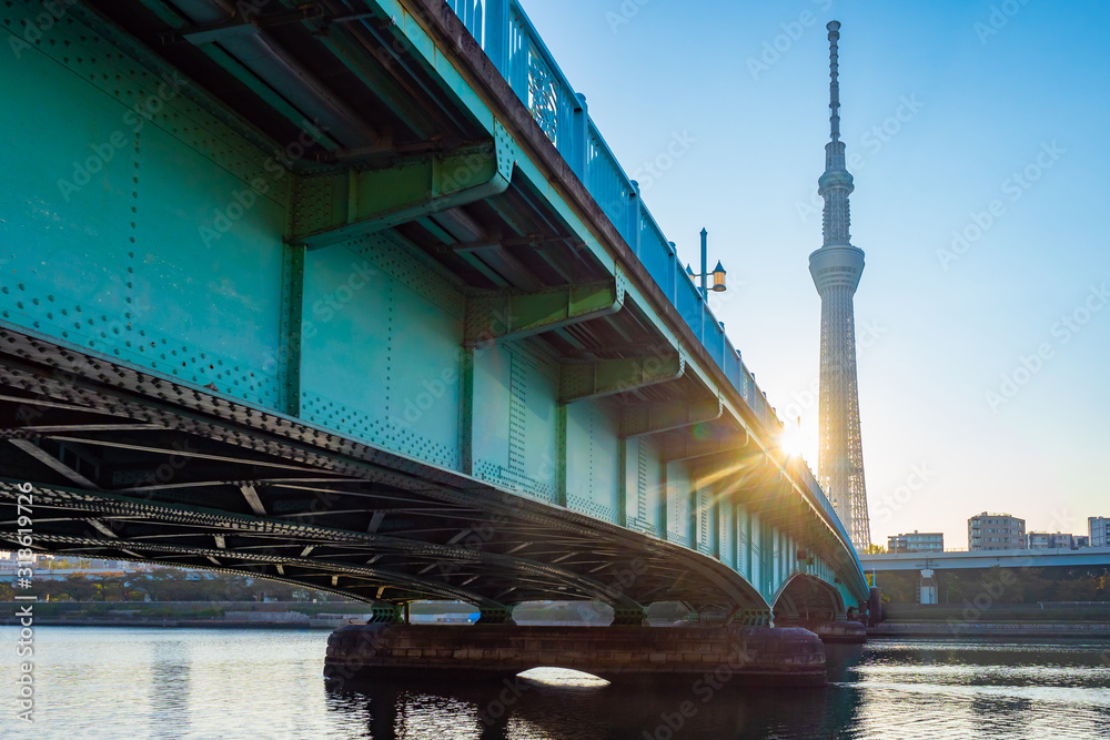 Japan. Tokyo automobile bridge view from below. A bridge over a river ...