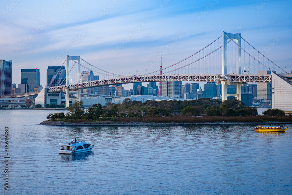 Japan. Panorama of the Rainbow Bridge in Tokyo. Bridge to Odaiba island ...