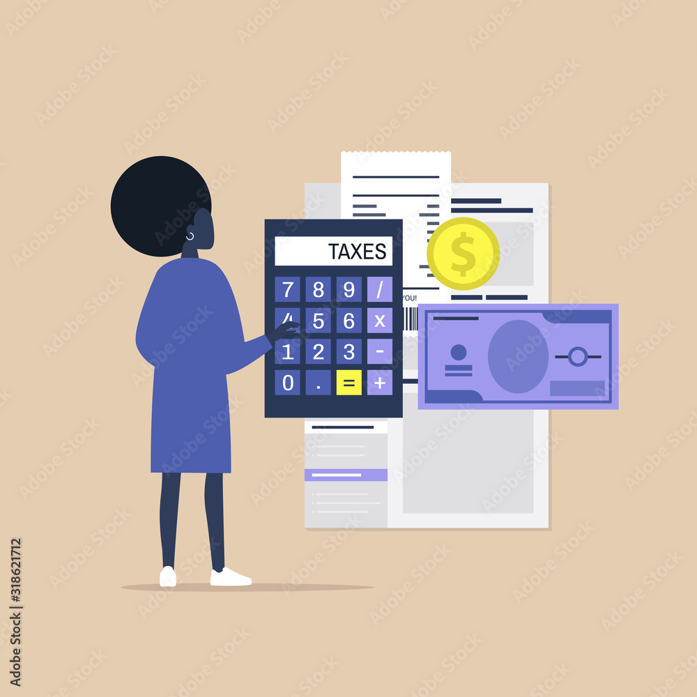 Young african female character filing a tax return, Declaring an income ...