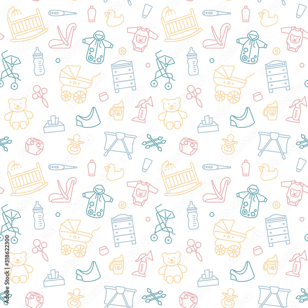 Seamless background with linear baby care symbols Stock Vector | Adobe ...