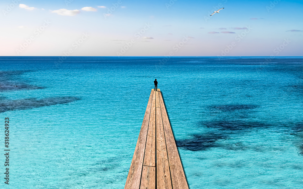Silhouette of One Single Person standing on a Landing Stage in a ...
