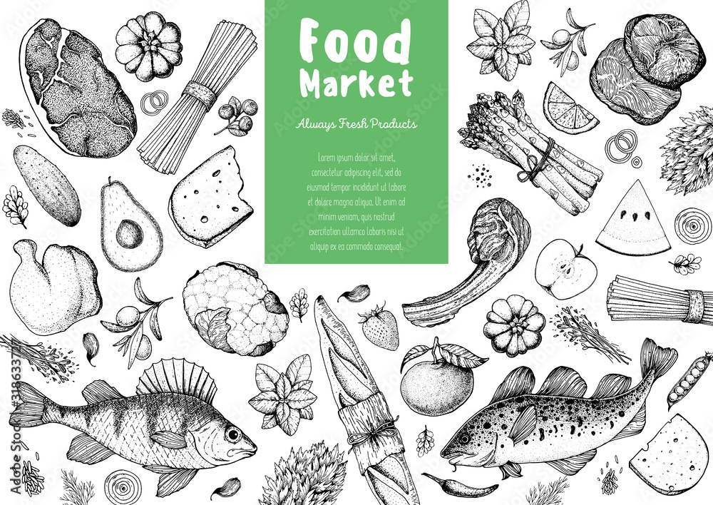 Food sketch. Vector illustration. Vegetables, fruits, meat hand drawn ...