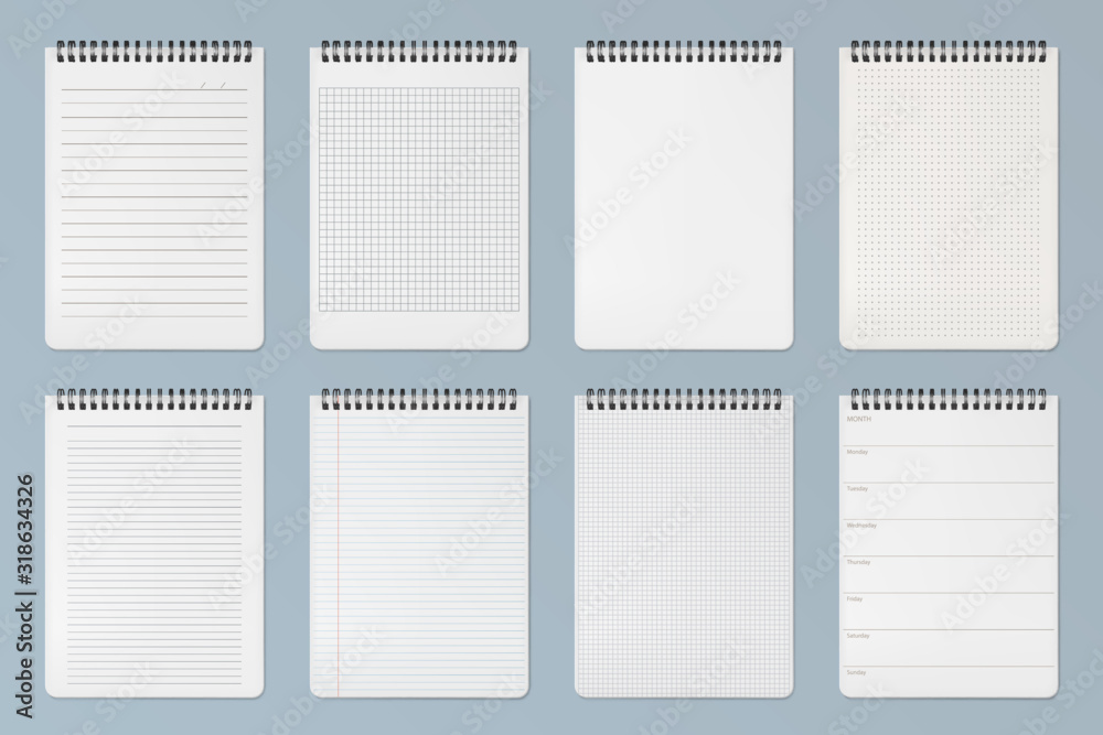 Notebooks sheets set. Lined, checkered and dots pages for memo pads and daily planner template ...