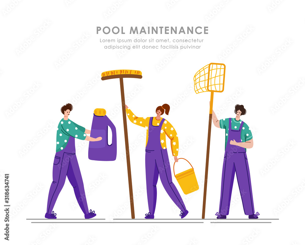 Pool maintenance or cleaning service, group of people in uniform ...