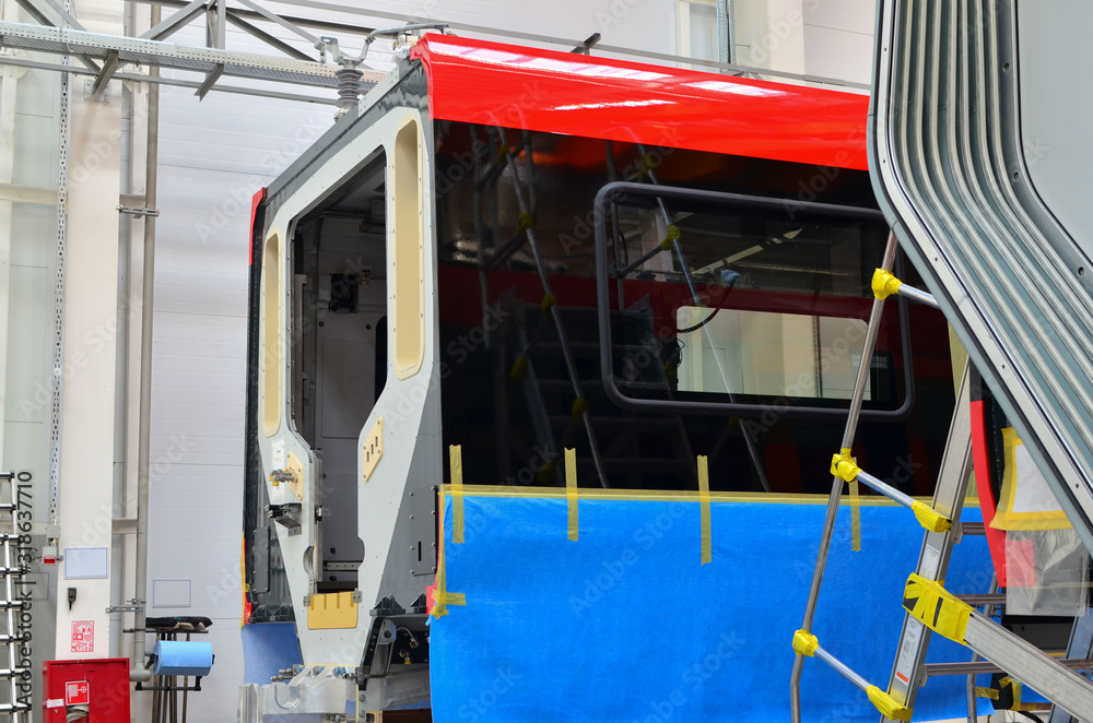 Inside of the rail car assembly plant. Industrial workshop for the ...
