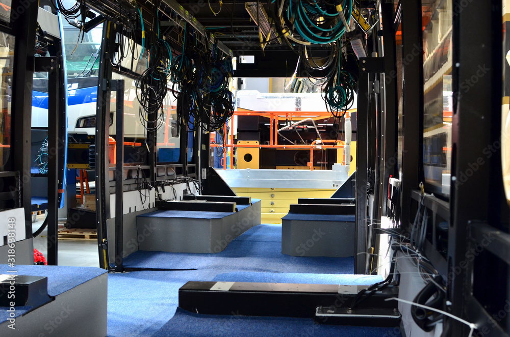 Inside of the rail car assembly plant. Industrial workshop for the ...