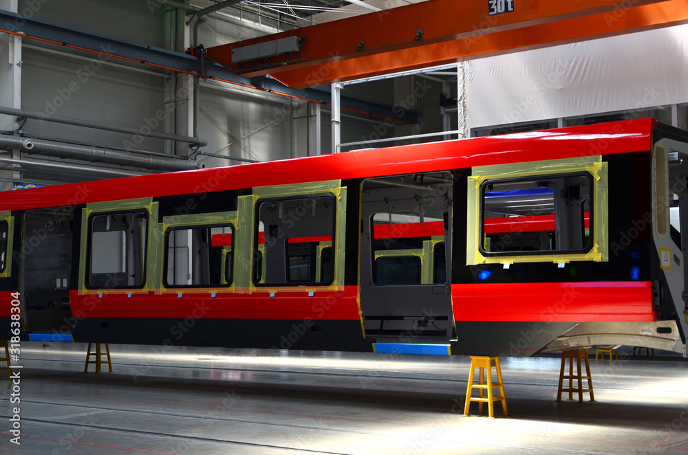 Inside of the rail car assembly plant. Industrial workshop for the ...