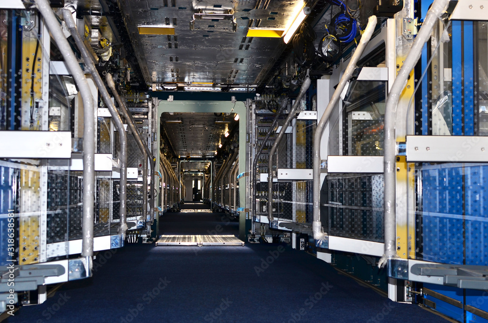 Inside of the rail car assembly plant. Industrial workshop for the ...