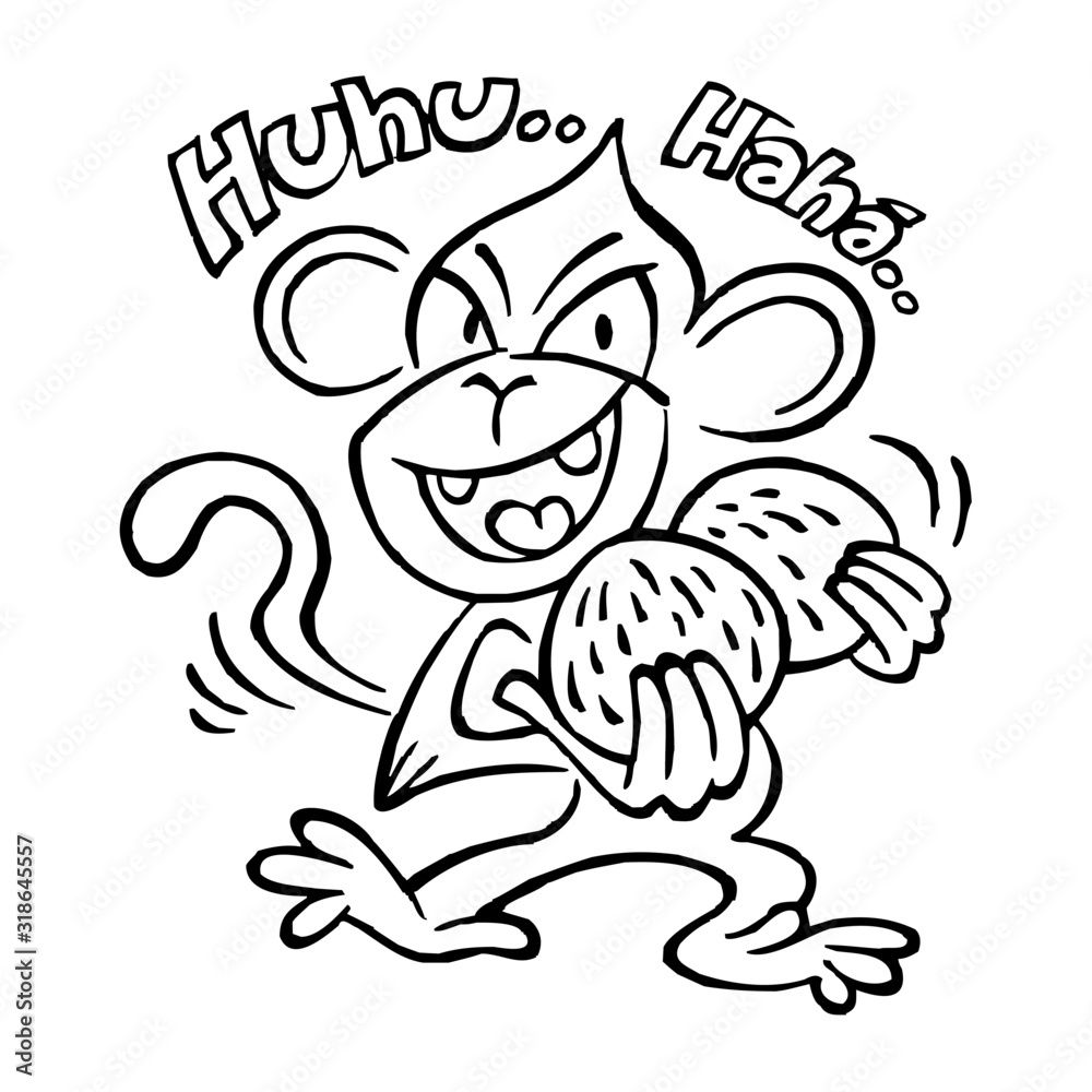 Monkey with two coconuts as bra, black and white cartoon joke Stock ...