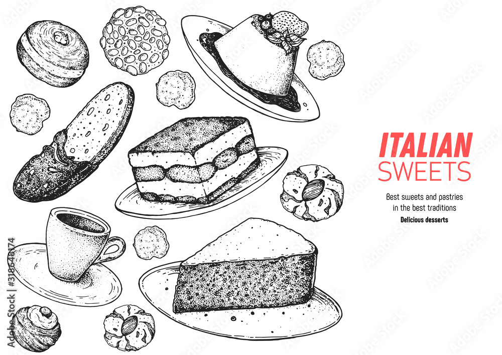 Italian dessert vector illustration. Italian sweet hand drawn sketch ...
