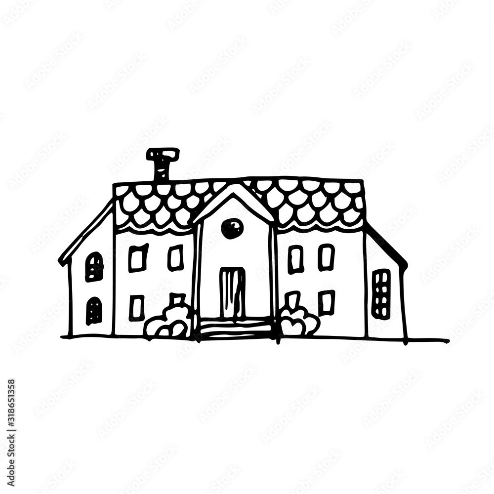 Vector sketch drawing of a house. A two-story vintage building with ...