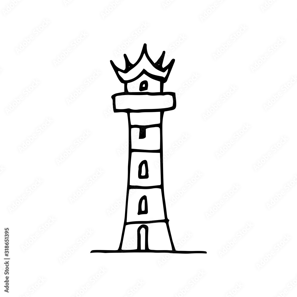 Outline drawing of a lighthouse in sketch technique. High narrow multi ...