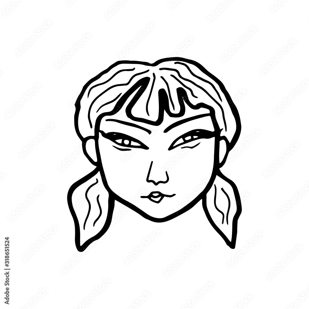 Vector portrait of an asian woman head in cartoon black ink style ...