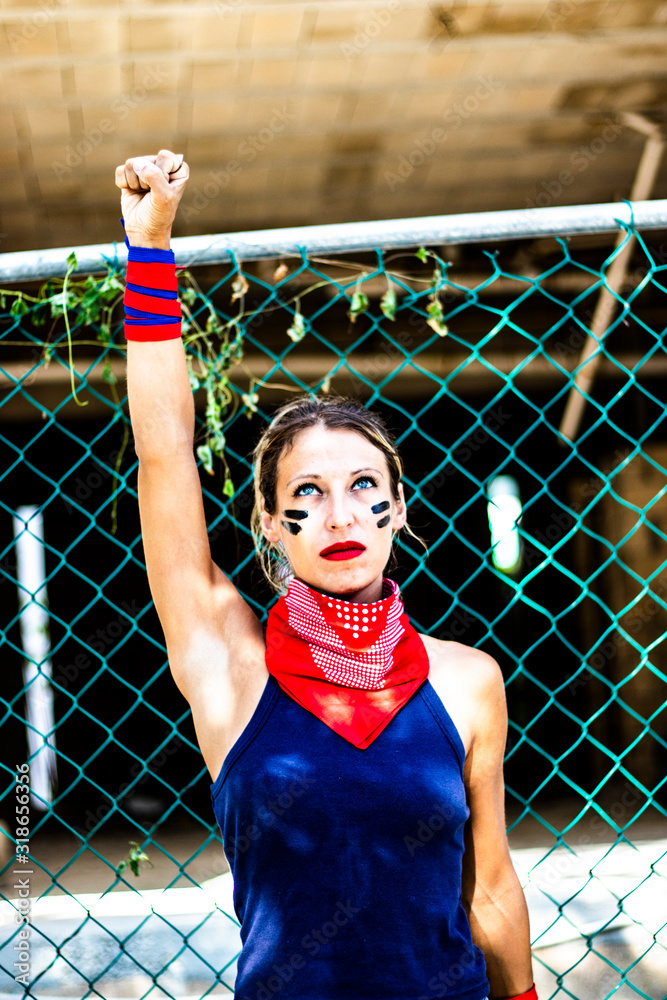 Portrait of beautiful confident and strong woman activist and feminist ...