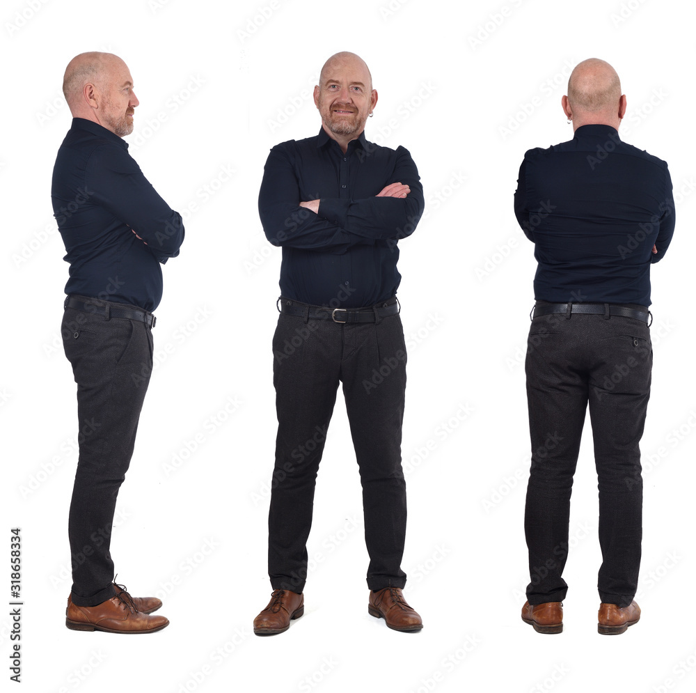 front back and profile of full portrait of a man on white, arms crossed ...