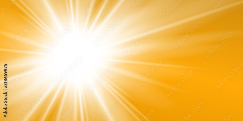 Rays yellow background. Gold sunny sky. Heat sunburs, hot weather ...