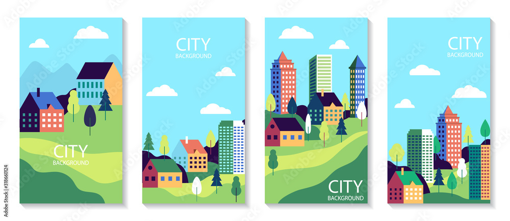 Town landscape set poster. Urban industry cards. Simple flat city with ...