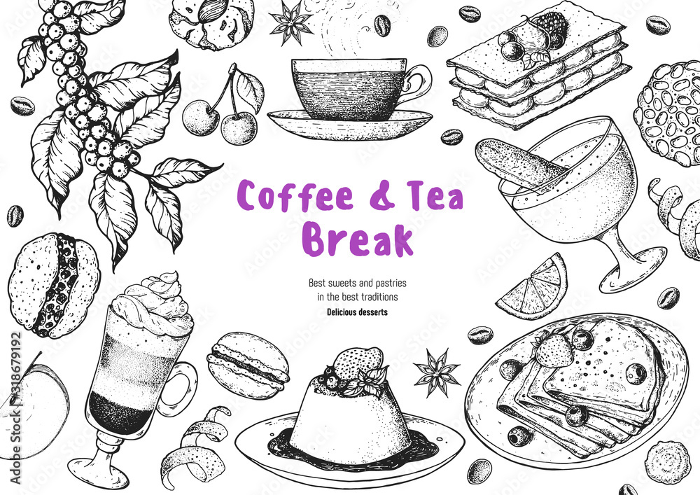 Coffee shop menu design. Hand drawn sketch illustration. Coffee, tea ...