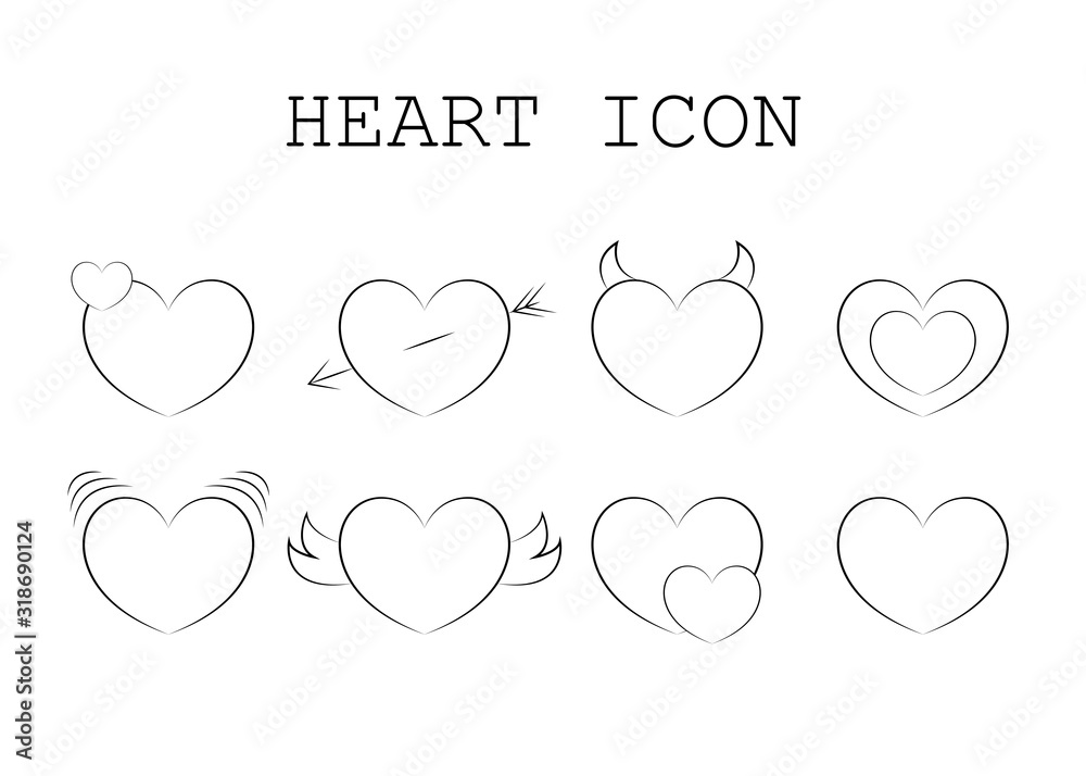 Graphic vector set with outline icon of hearts. Heart with different ...
