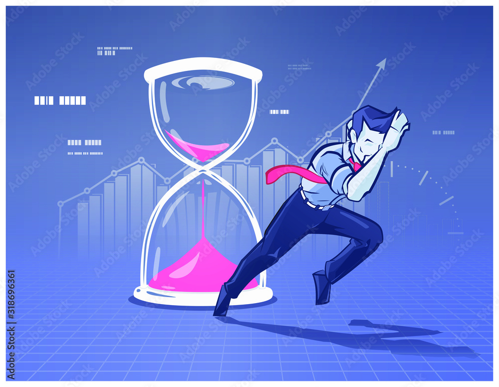 Businessman running on background of big hourglass and diagram. Man ...