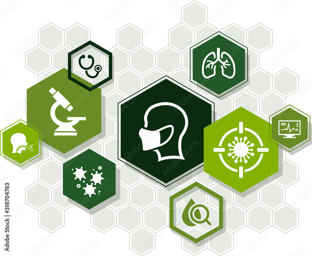 corona virus vector illustration. Abstract concept with connected icons ...